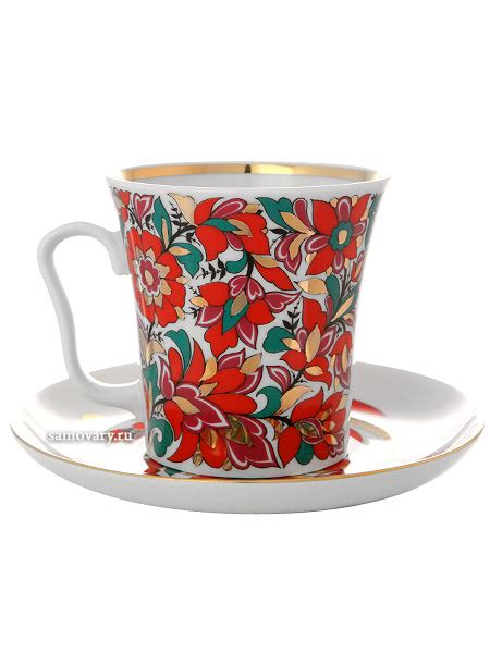 Фарфоровый бокал с блюдцем форма Ленинградский рисунок Красный петух