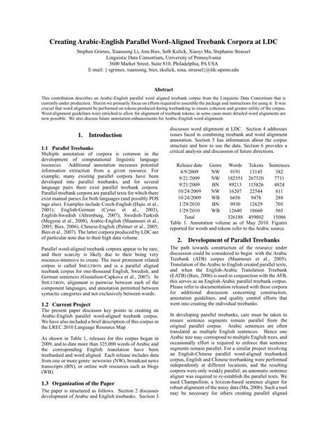 Pdf Creating Arabic English Parallel Word Aligned Treebank Corpora At Ldc