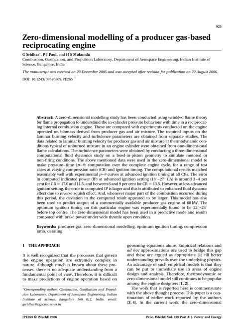 Pdf Zero Dimensional Modelling Of A Producer Gas Based Reciprocating