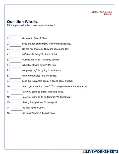 Question Words A1 Yaandadults Worksheet Live Worksheets