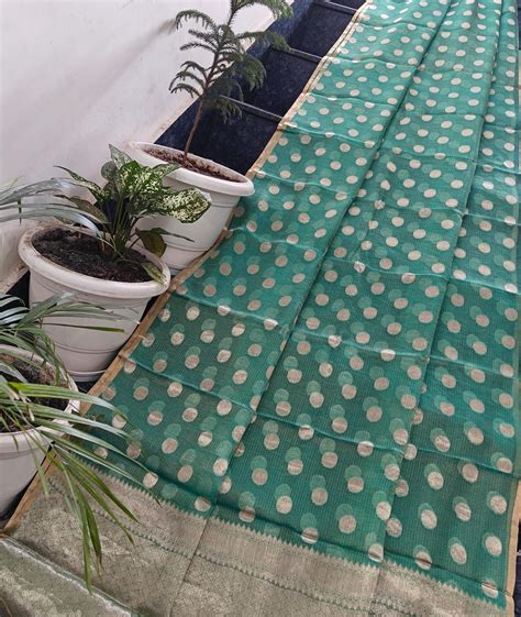 Classic Sea Green Pure Kota Silk Saree With Handwoven Polka Dot Motifs