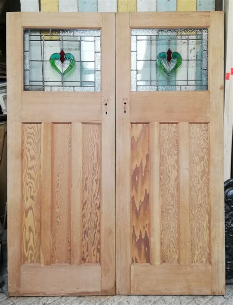 Dp0263 Pair Of Pitch Pine Edwardian Stained Glass Internal Doors