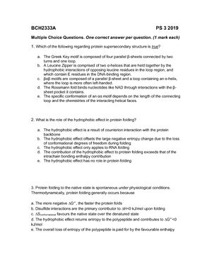 PS 2 Practice Set 2 BCH2333A PS 2 2019 Multiple Choice Questions One Correct Answer Per