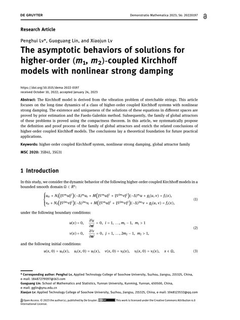 Pdf The Asymptotic Behaviors Of Solutions For Higher Order M1 M2 Coupled Kirchhoff Models
