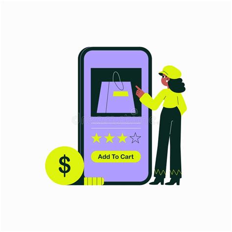Woman Adding Item To Cart On Smartphone With Shopping Bag And Stars In