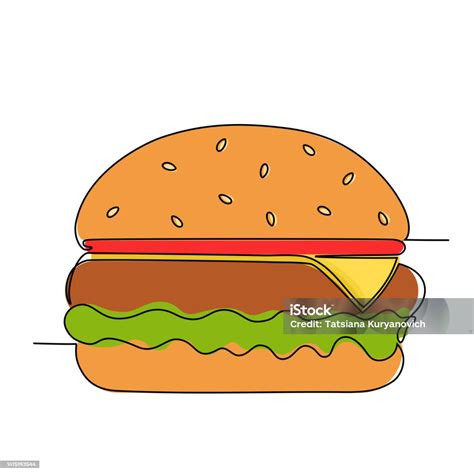 맛있는 식욕을 돋우는 햄버거의 연속 선 그리기 벡터 일러스트 레이 션 건강에 좋지 않은 음식에 대한 스톡 벡터 아트 및 기타 이미지 건강에 좋지 않은 음식 고기 깨