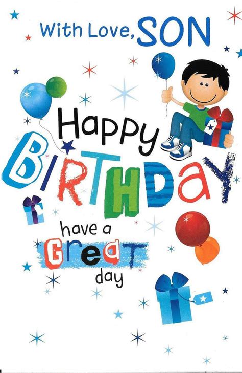 Birthday Card With Love Son Boy With Present Balloons Presents