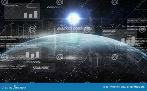 Animation Of Graphs Texts And Computer Language Over Rotating Globe And Illuminated Object In