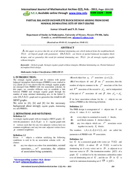 Pdf Partial Balanced Incomplete Block Designs Arising From Some Minimal Dominating Sets Of