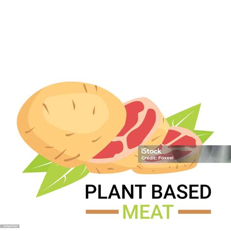 식물 기반 고기 아이콘 잎햄처럼 얇게 썬 감자로 디자인합니다 야채 고기 또는 인공 고기 개념 흰색 배경에 고립 된 플랫 벡터 트렌디 한 현대 고기 없는 바베큐 로고 타입