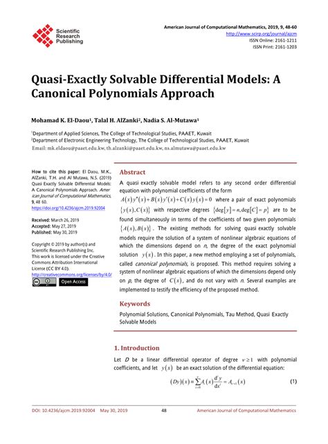 Pdf Quasi Exactly Solvable Differential Models A Canonical Polynomials Approach