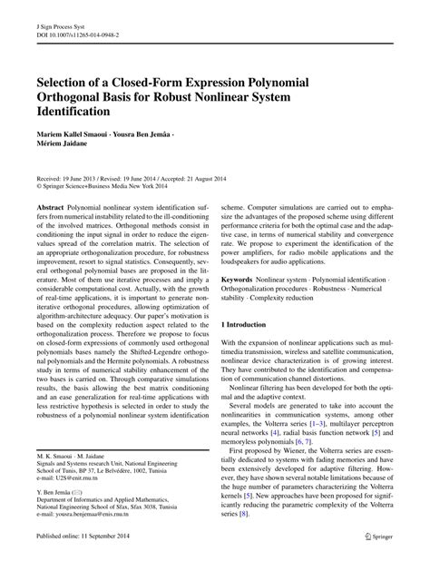 Pdf Selection Of A Closed Form Expression Polynomial Orthogonal Basis For Robust Nonlinear