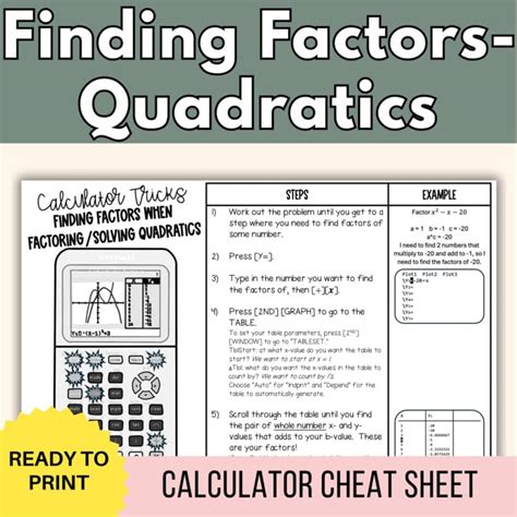 Finding Factors For Quadratics Cheat Sheet Ti84 Plus Graphing