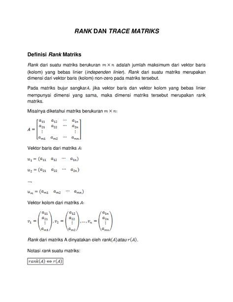 Rank Dan Trace Matriks Rank Dan Trace Matriks Definisi Rank Matriks Rank Dari Suatu Matriks