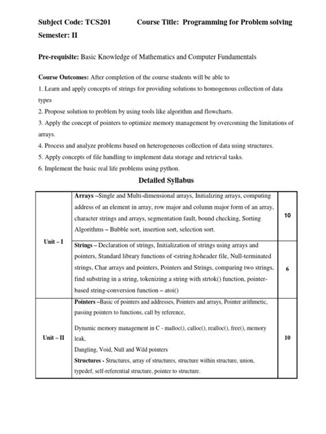 Tcs 201 Syllabus 1 Pdf Pointer Computer Programming String Computer Science