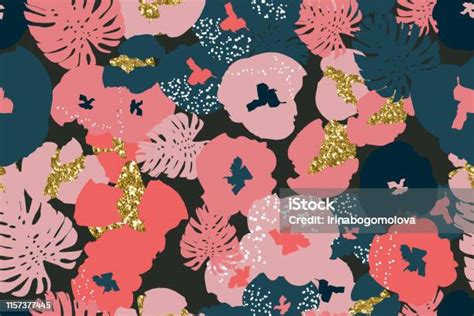 골드 반짝이 꽃과 보편적 인 프리 핸드 플로럴 원활한 패턴을 그리기 배경 카드 배너 포스터 표지 초대장 직물 헤더 또는 브로셔용