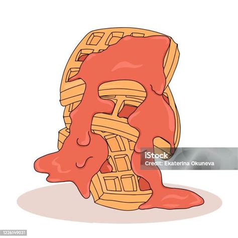 빨간 시럽 벡터 만화 일러스트와 달콤한 와플 맛있는 아침 식사 벨기에 와플 손으로 그린 개념 귀여운에 대한 스톡 벡터 아트 및