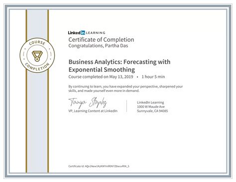 Certificate Of Completion Business Analytics Forecasting With Exponential Smoothing Pdf