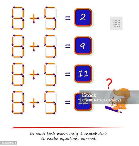 성냥이 있는 논리 퍼즐 게임 각 작업에서 성냥개비 1개만 움직여 방정식을 맞춥니다 덧셈과 뺄셈에 대한 수학 과제 수수께끼 책 온라인 플레이 노인을 위한 기억력 훈련 3차원