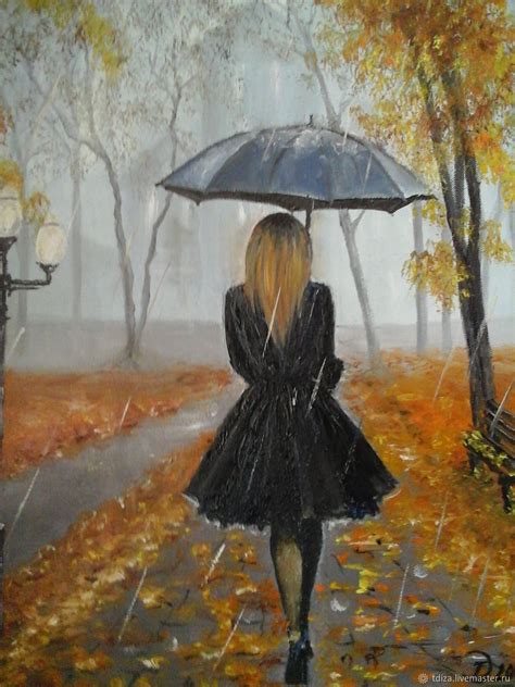 Картина масло холст Девушка зонт осень в интернет магазине на Ярмарке Мастеров Картины