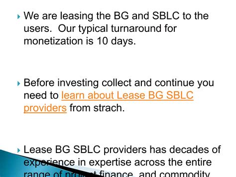 Objectives Of Lease Bg Sblc Providers Ppt