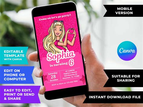 Editable Barbie Birthday Invitation Template Sweet Invite
