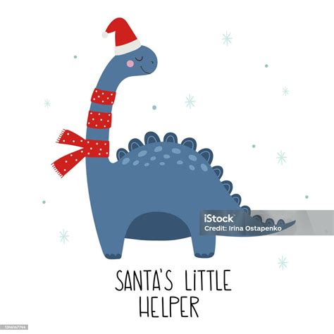 크리스마스 공룡 손 레터링 산타의 작은 도우미 만화 플랫 스타일에서 재미있는 캐릭터의 벡터 일러스트 벡터 손으로 그린 컬러