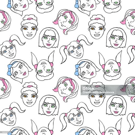 만화얼굴 벡터 사람과 원활한 패턴 손으로 그린 낙서 일러스트레이션 여자의 머리 여자 멀티 컬러 텍스처 배경 0명에 대한 스톡