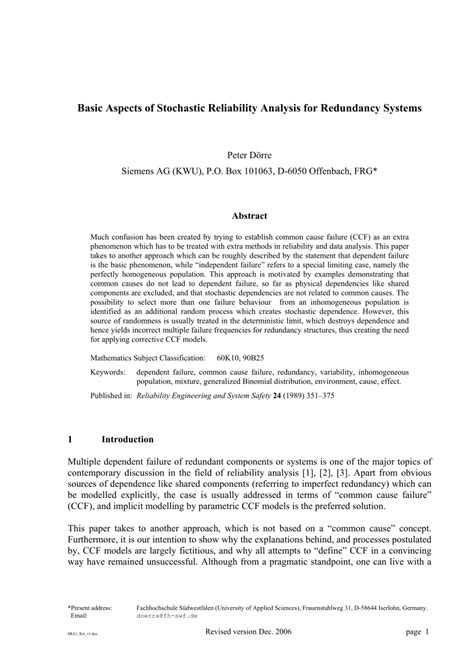 Pdf Basic Aspects Of Stochastic Reliability Analysis For Redundancy Systems