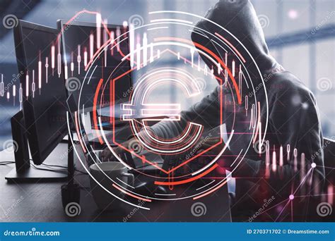 Hacker At Desktop Using Laptop With Abstract Glowing Digital Business Interface On Blurry Office