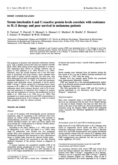 Pdf Serum Interleukin 6 And C Reactive Protein Levels Correlate With