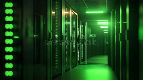 Green Illuminated Server Room Modern Data Center Technology Web Dark Glow Rack Cyber Night Power