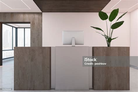 창문과 도시 전망이 있는 미니멀리즘 목재 및 콘크리트 사무실 로비 인테리어 대기 공간 및 호텔 개념 3d 렌더링 0명에 대한 스톡 사진 및 기타 이미지 Istock