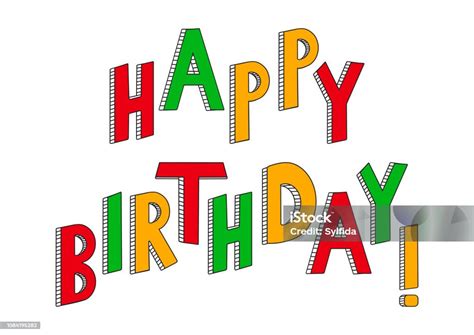 인사말 카드입니다 다채로운 비문 생일 손으로 그린 흰색 배경에 고립 빨강 녹색 및 노란 색상입니다 벡터 일러스트 레이 션 0명에 대한 스톡 벡터 아트 및 기타 이미지