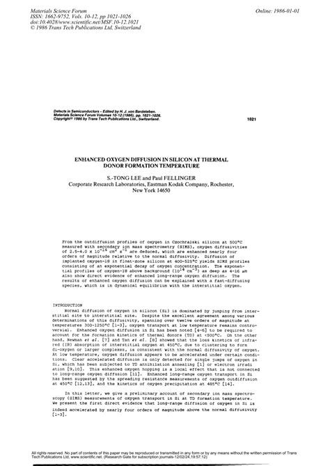 Enhanced Oxygen Diffusion In Silicon At Thermal Donor Formation Temperature