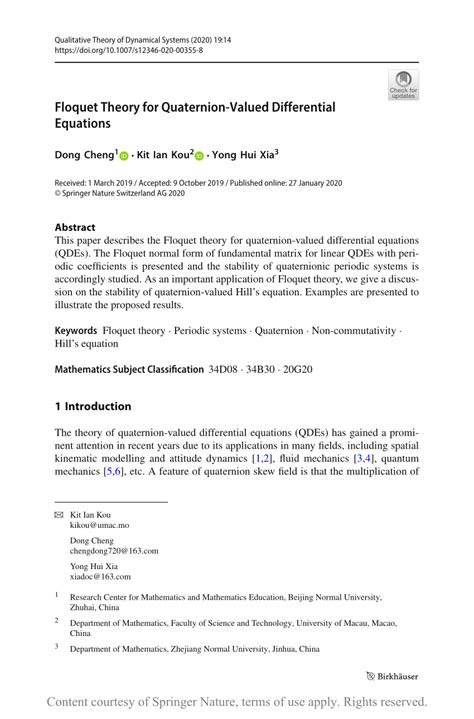 Floquet Theory For Quaternion Valued Differential Equations Request Pdf