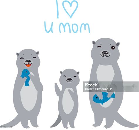 내가 당신을 사랑 하는 엄마 귀여운 회색 흰색 바탕에 물고기와 수 달입니다 어머니 날에 대 한 훌륭한 선물 카드입니다 고마워요 엄마 배너 플 래 카드 포스터 전단지에 적용