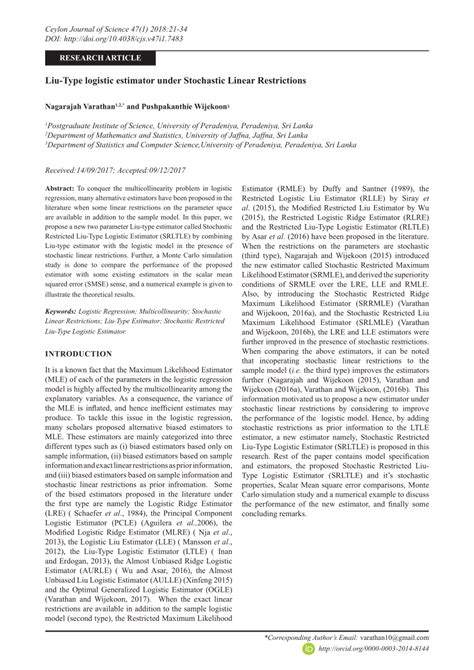 Pdf Liu Type Logistic Estimator Under Stochastic Linear Restrictions