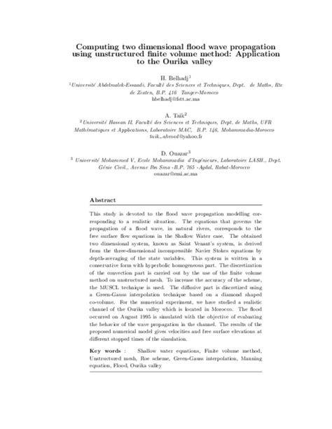 Pdf Computing Two Dimensional Flood Wave Propagation Using Unstructured Finite Volume Method