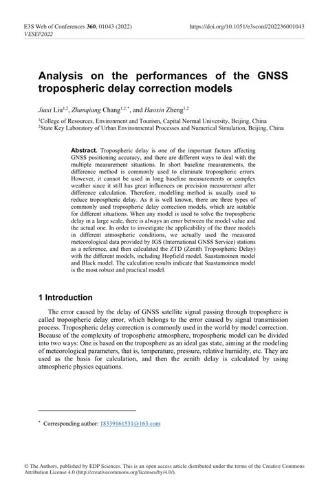 Pdf Analysis On The Performances Of The Gnss Tropospheric Delay Correction Models