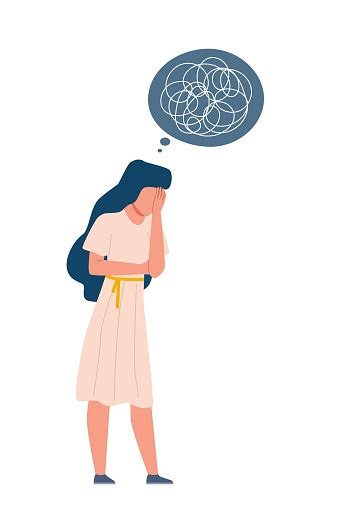 우울한 여자 억압 된 장애 마음 고독 한 스트레스와 불안 심리 치료 플랫 벡터 일러스트 전에 라인 낙서 부정적인 감정으로 불행한 여성과 지저분한 생각 Mental