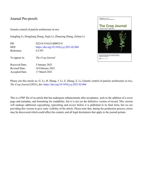Pdf Genetic Control Of Panicle Architecture In Rice