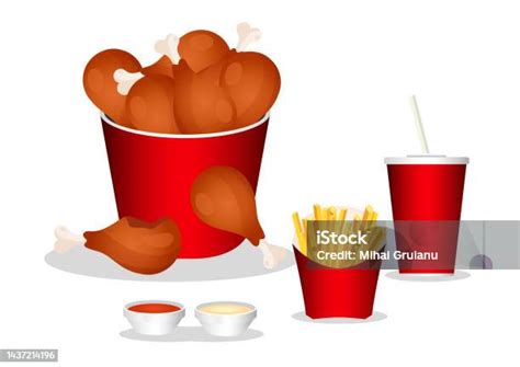패스트 푸드 튀긴 고기 닭 다리 감자 튀김 케첩과 마요네즈 소스 소다 컵과 바구니 흰색 배경에 격리된 패스트푸드 튀김 메뉴의 벡터 그림 고기에 대한 스톡 벡터 아트 및 기타