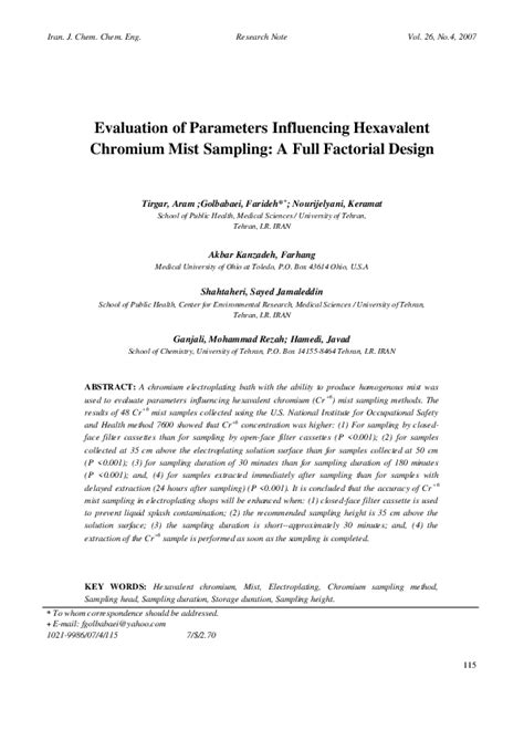 Pdf Evaluation Of Parameters Influencing Hexavalent Chromium Mist Sampling A Full Factorial