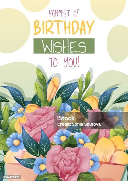 생일 인사말 카드 템플릿입니다 배너 장미와 프리지아의 꽃다발이 있는 전단지 생일 축하합니다 휴일 기념일 파티를 위한 초대장 디자인 공휴일에 대한 스톡 벡터 아트 및 기타