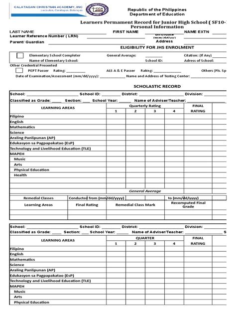 Senior High School Permanent Record Cca Pdf Physical Education