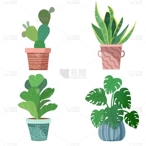 绿色清新手绘盆栽插画植物元素素材 花瓣网