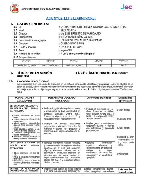 Lesson Plan Classroom Objects Pdf