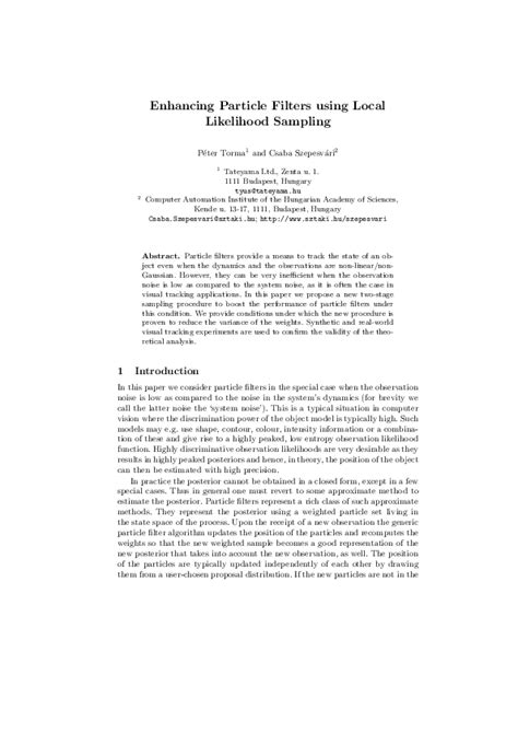 Pdf Enhancing Particle Filters Using Local Likelihood Sampling Csaba Szepesvari