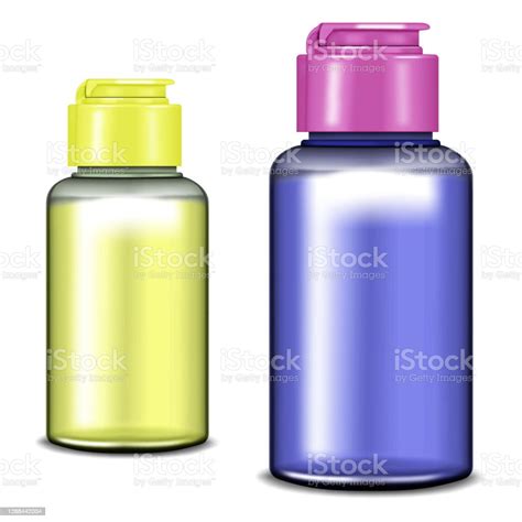 흰색 배경에 고립 된 액체로 채워진 나사 플립 상단 캡이있는 컬러 플라스틱 병 사실적인 벡터 일러스트레이션 색상 세트입니다 재색이 간편합니다 0명에 대한 스톡 벡터 아트 및